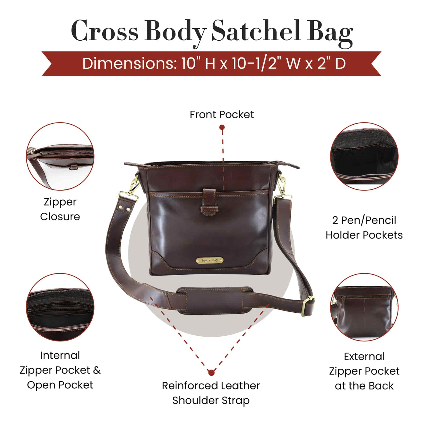Full Grain Dark Brown Leather Cross Body Satchel Bag